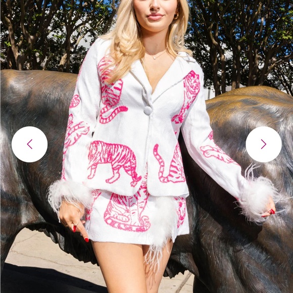QUEEN OF SPARKLES | Jackets & Coats | Queen Of Sparkle White Neon Pink Tiger Feather Blazer ...